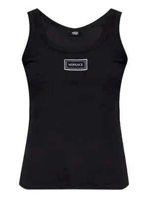 Versace Ribbed Cotton Tank Top With Logo Detail - Black