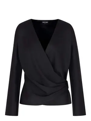 GIORGIO ARMANI Giorgio Armani Silk Double Satin Draped V-Neck Shirt