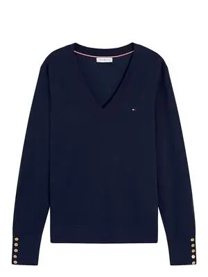 Tommy Hilfiger V-neck Fine Knit Sweater With Button Details - Blue