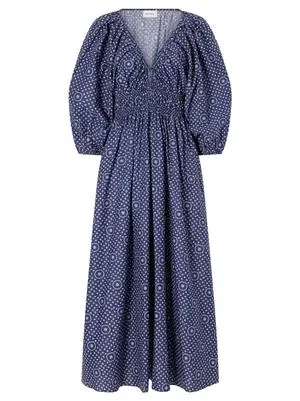 Matteau Shirred Paisley-print Organic Cotton Midi Dress - Blue