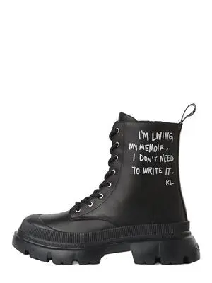KL JEANS Jeans Lace-up Leather Combat Boots With Quote Embellishment - Black