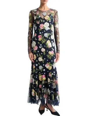 Carolina Herrera Floral Embroidered Sheer Long Sleeve Midi Dress - Midnight