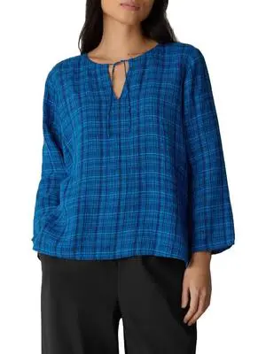 Eileen Fisher Round Neck Organic Linen Plaid Top - Deep Dive