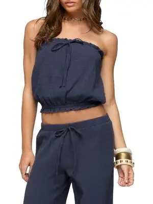 EDIKTED Viktoria Strapless Gauze Bubble Crop Top - Navy
