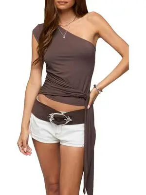 EDIKTED Melisa One-shoulder Tie Top - Brown