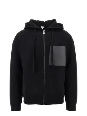 Loewe Knitted Full-zip Hoodie With Leather Pocket - Black