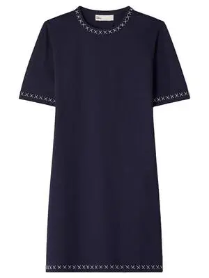 Tory Burch Embroidered Cotton T-shirt Dress - Medium Navy
