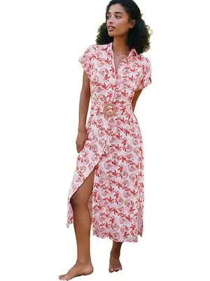 RO'S GARDEN Catherine Cotton Midi Dress - Red Pattern