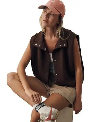 DAILY PRACTICE Funnel-neck Snap Button Top - Brown