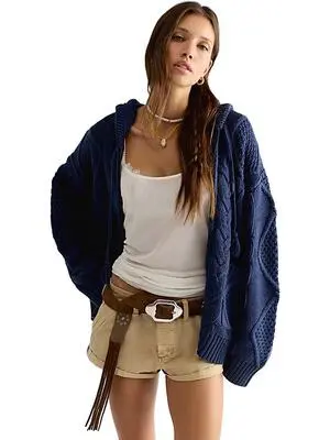 FOUND Zip-up Cable Knit Hoodie - Navy