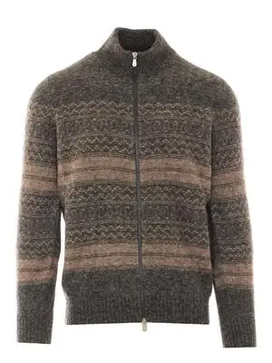 Brunello Cucinelli BRUNELLO CUCINELLI Geometric Print High Neck Zip-Up Cardigan Brown