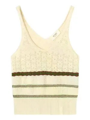 RETORI Knit Cotton Top With Floral Stitch Pattern And Striped Hem - Neutrals
