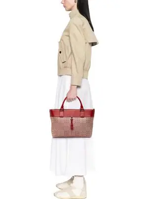 Burberry Leather Trimmed Tonal Check Canvas Handbag - Red