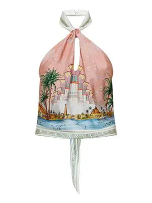 Casablanca Silk Halter Neck Top With Open Back And Oriental Landscape Print - Pink