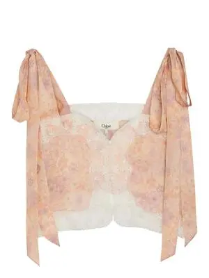 Chloé Floral-print Lace-trim Silk Cropped Top - Multicoloured
