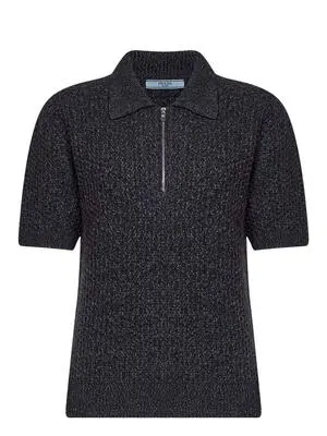 Prada Short-sleeved Knit Top With Collared Neckline And Half-zip Placket - Black
