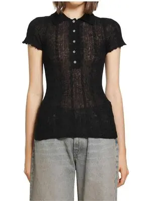 HAIKURE Short-sleeve Sheer Knit Polo Shirt - Black