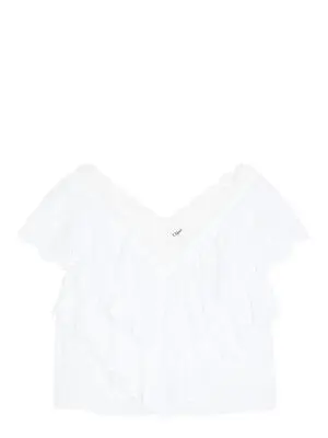 Chloé Embroidered Ruffled Cotton Cropped Top - White