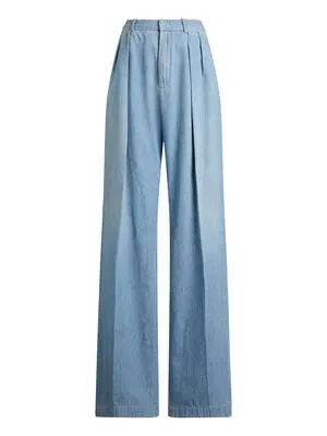 Ralph Lauren Cotton Pleated Wide Leg Trousers - Blue