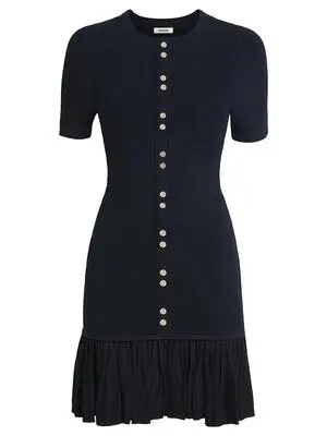 Sandro Ribbed Knit Mini Dress With Ruffled Hem - Blue