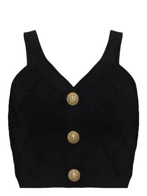 Balmain Buttoned Knit V-neck Cropped Top - Black