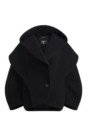 Balmain Oversized Wool Pea Coat With Hood - Black
