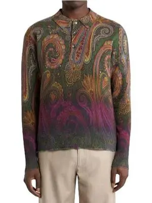 Etro Long-sleeved Wool Polo Shirt With Degradé Paisley Motif - Black