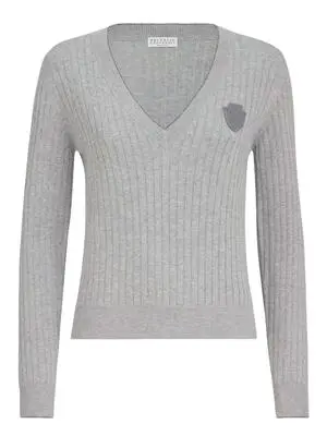 Brunello Cucinelli Ribbed Cotton V-neck Sweater With Logo Patch - Grey
