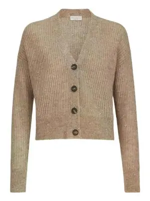 Brunello Cucinelli Mohair, Cotton, And Wool Diamond Yarn English Rib Cardigan - Neutrals