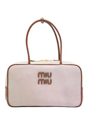 Miu Miu Large Canvas And Leather Logo Beau Handbag - Brown
