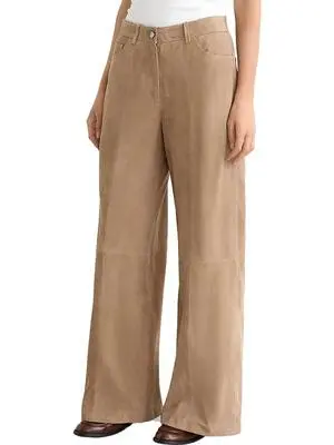 REISS Keria Wide Leg Suede Trousers - Sand