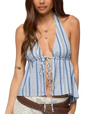 EDIKTED Galee Tie Front Linen Look Top - Blue