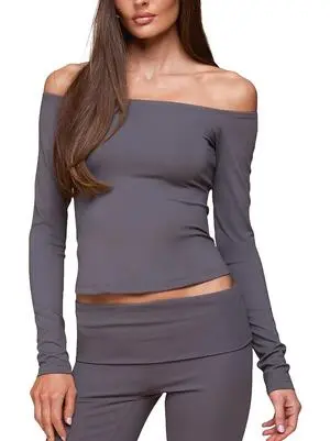 EDIKTED Tezia Off Shoulder Long Sleeve Top - Gray