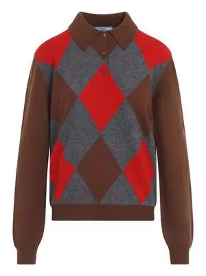 Prada Argyle Patterned Polo Neck Cashmere Sweater - Brown