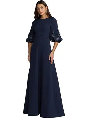 MAC DUGGAL Mac Duggal Navy Crepe A-Line Gown With Embellished Puff Sleeves