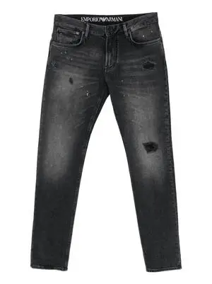 Emporio Armani Slim Fit Cotton Denim Jeans With Paint Splatter Detail - Black