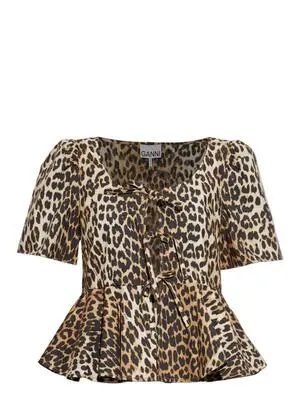 GANNI Tie Detailed Peplum Blouse - Leopard Print