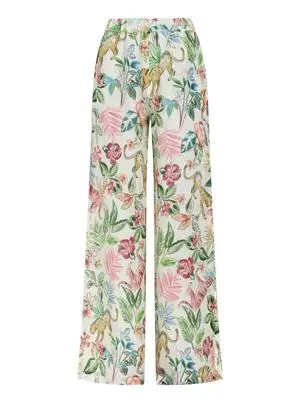 120% Lino Tropical Print Linen Trousers - Multicolour