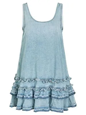 GANNI Frill Denim Mini Dress - Light Blue