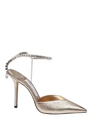 JIMMY CHOO Pointed Toe Stiletto Slingback Sandals With Crystal Embellishments - Platinum