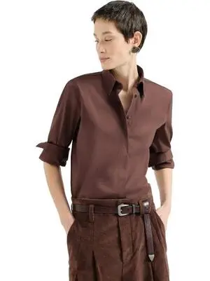 Brunello Cucinelli Stretch Cotton Poplin Shirt With Embellished Collar - Grape