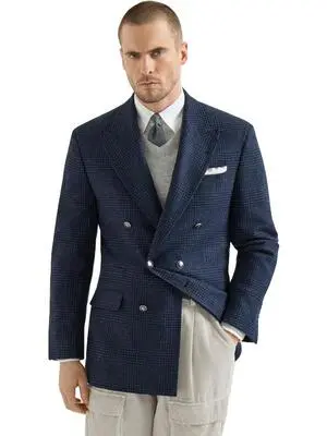 Brunello Cucinelli Comfort Wool And Cashmere Prince Of Wales Flannel One-and-a-half Breasted Tailor Blazer With Metal Buttons - Blue