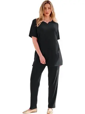 ROAMAN'S Soft Knit Tunic With Notch Neckline - Black