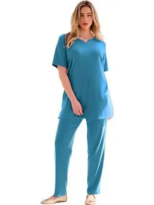 ROAMAN'S Soft Knit Tunic With Notch Neckline - Deep Teal
