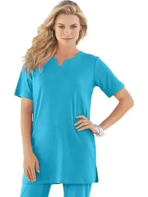 Roaman's Soft Knit Tunic With Notch Neckline - Ocean