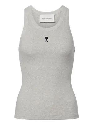 AMI Paris De Coeur Cotton Ribbed Tank Top - Grey