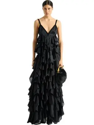 Balmain Ruffled Satin And Crepe Tank Top - Black