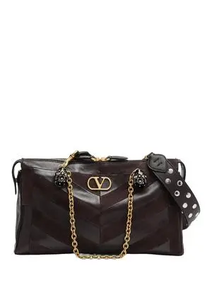 Valentino Garavani Medium Panthea Shoulder Bag In Suede And Nappa Leather With Chevron Pattern - Brown