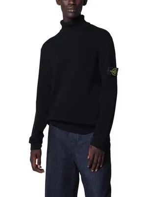 Stone Island Ribbed Turtleneck Sweater With Compass Logo Badge - Blue