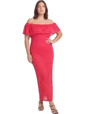 24SEVEN COMFORT APPAREL Lace Off-the-shoulder Maxi Dress With Side Slit - Fuchsia
